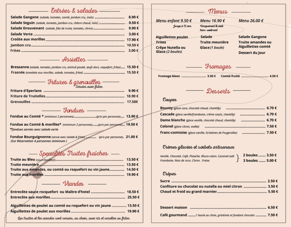 Carte - Restaurant la Cascade